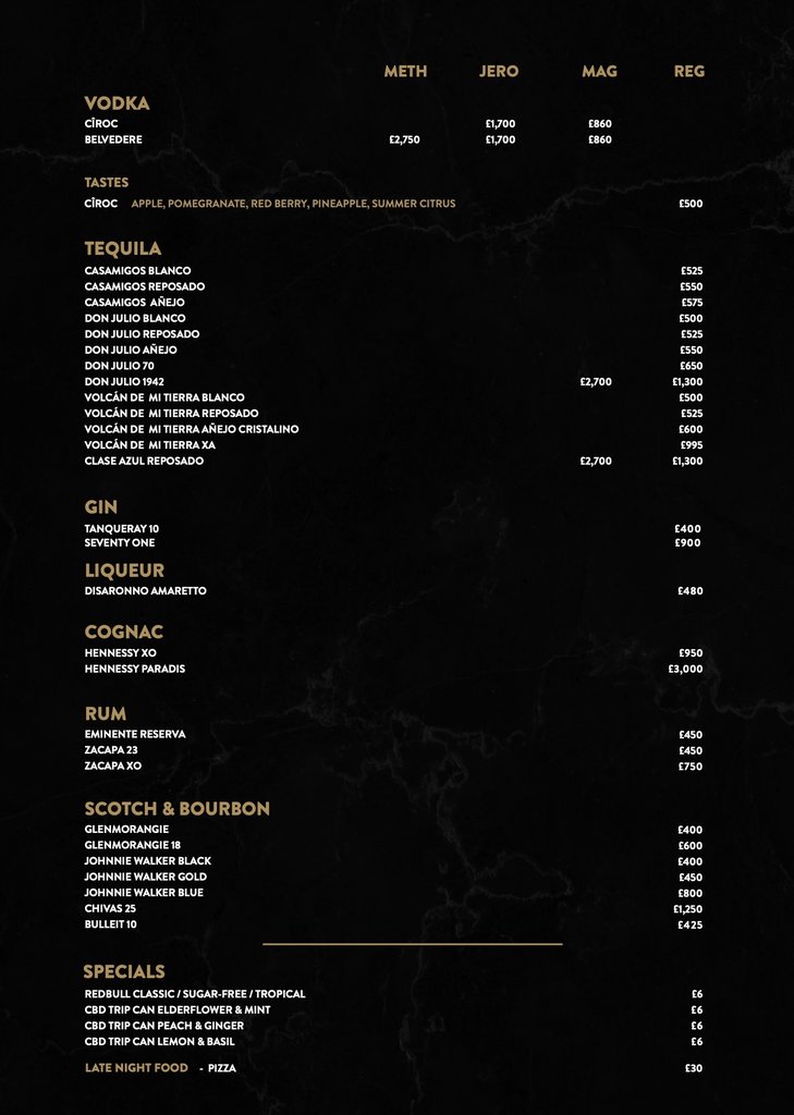 Reign London Bottle Menu